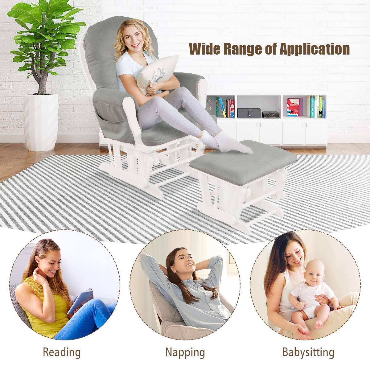 Costzon Nursery Glider with Ottoman, Upholstered Comfort Glider Rocker with Padded Cushion, Storage Pocket, Solid Wood Base, Rocking Chair Nursery for Breastfeeding, Maternity, Napping (Light Gray)