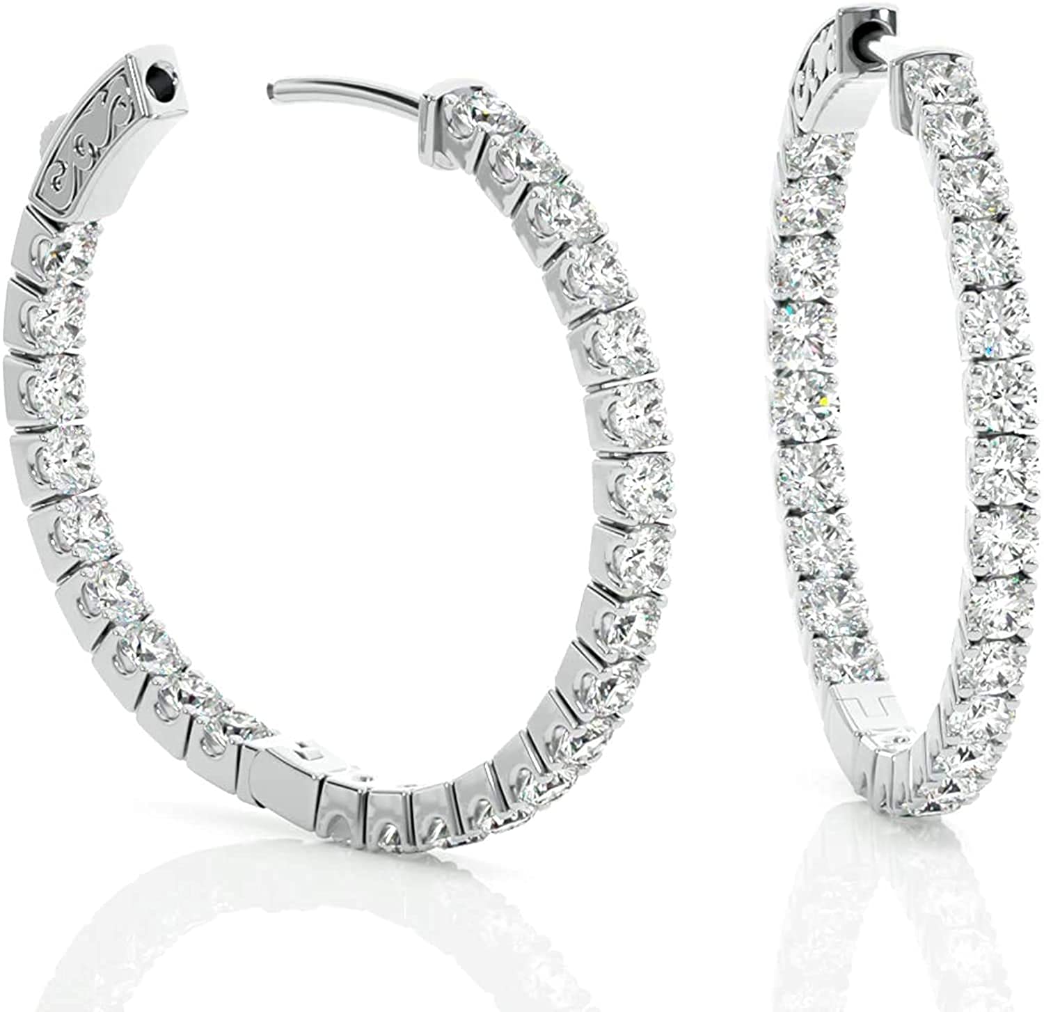 3 Carat Moissanite Inside Out Hoop Earrings for Women in 925 Sterling Silver (G-H, VS, cttw, DEW) Secure Lock by Beverly Hills Jewelers