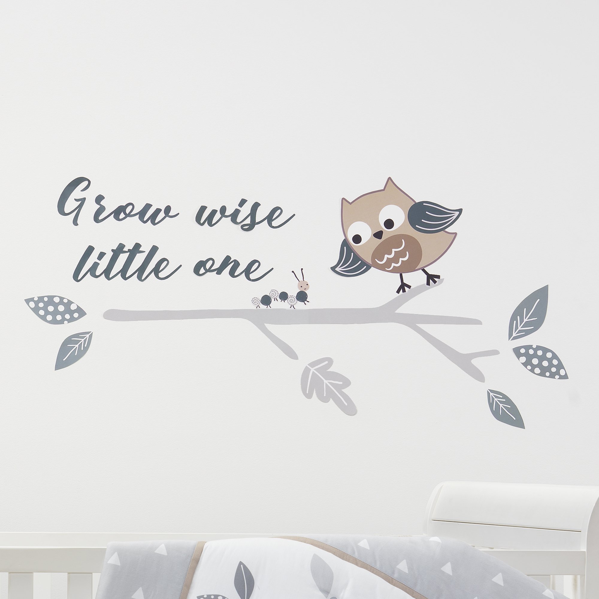 Bedtime Originals Little Rascals Grow Wise One Owl Wall Appliques, Gray/White