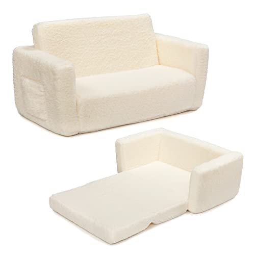 ALIMORDEN 2-in-1 Flip Out Extra Wide Cuddly Sherpa Toddler Couch, Convertible Sofa to Lounger, Cream