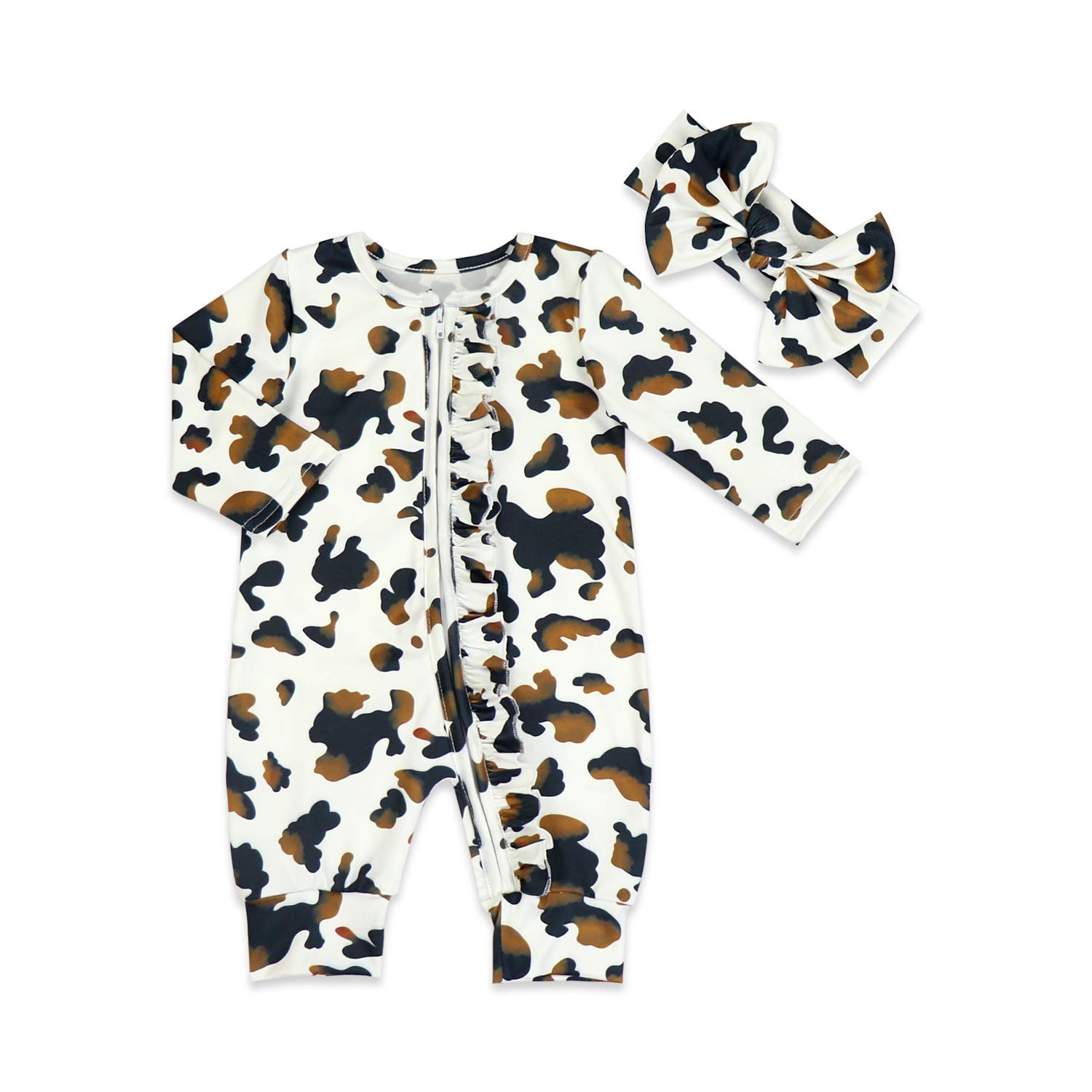 Newborn Baby Romper Clothes One Piece Toddler Unisex Creepers Romper ,Infant Tie Dye Print Zipper Front Kids Jumpsuit Rompers Clothes (Coffee Cow Print, 0~3Months)
