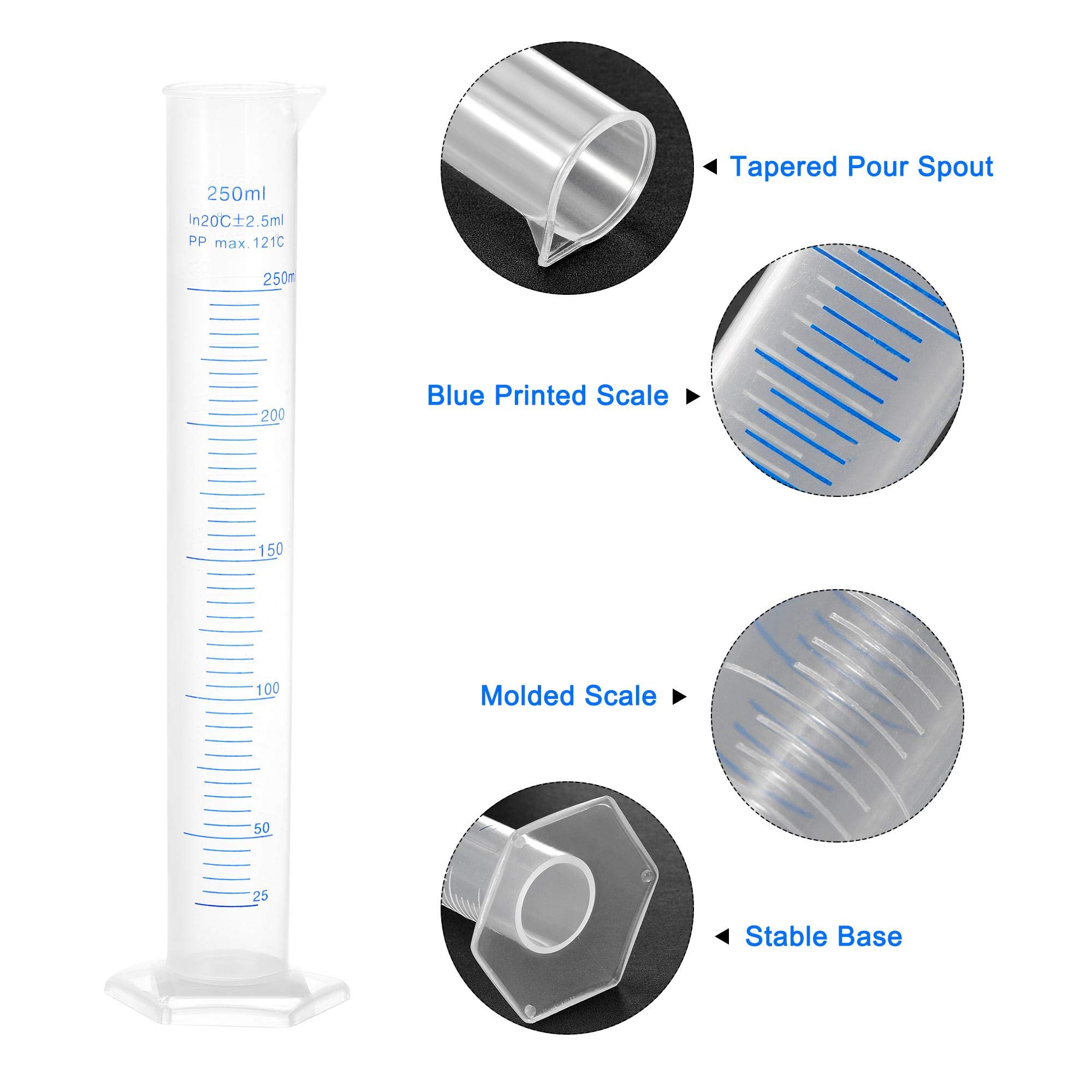 uxcell Plastic Graduated Cylinder, 50ml 100ml 250ml Measuring Cylinder, Double-Sided Metric Marking, Clear Hex Base, 3 in 1 Set