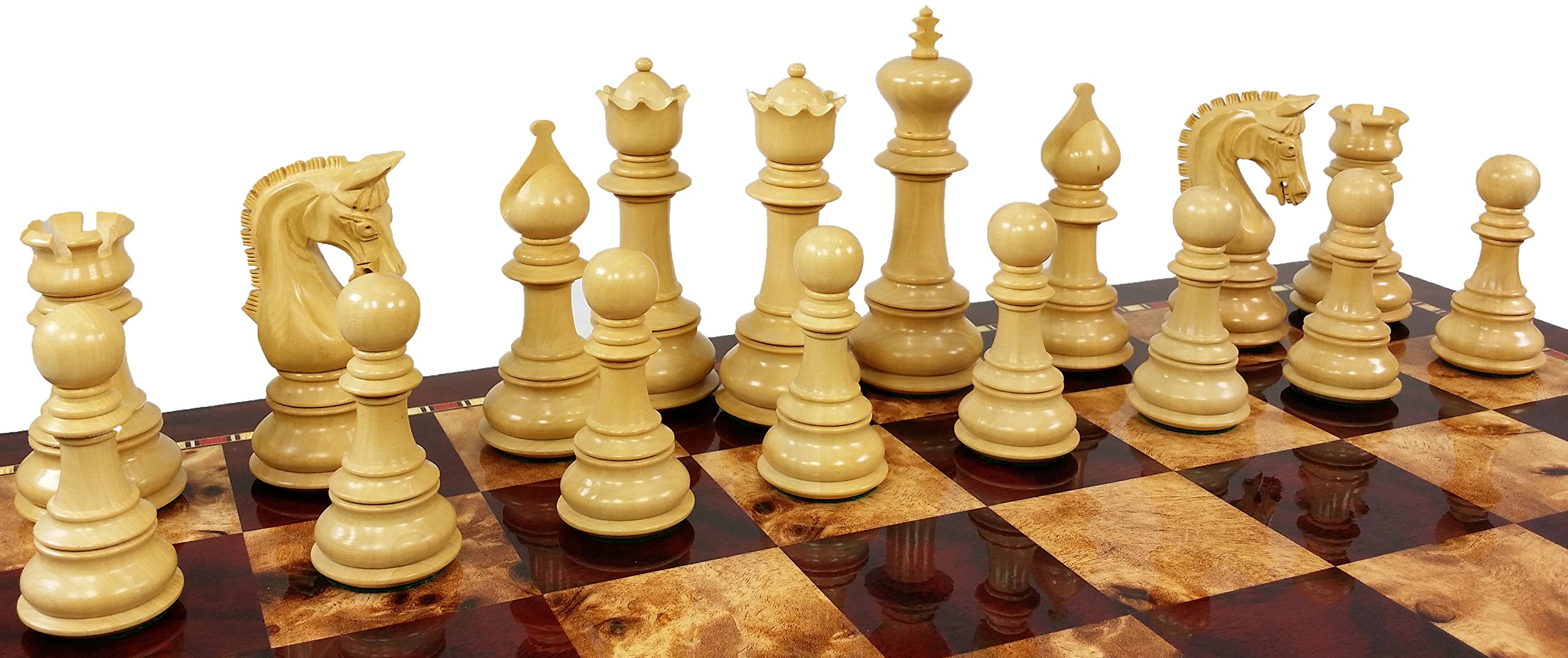 4 Queens - Large 4 3/8" King Staunton Luxury Bud Rosewood Chess Men Set W/ 20" Cherry Color Storage Board
