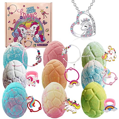 Unicorn Bath Bombs Gift Set with Jewelry Inside, 9 Pack Organic Kids Magic Bath Bombs with Surprise Inside with Jewelry for Girls