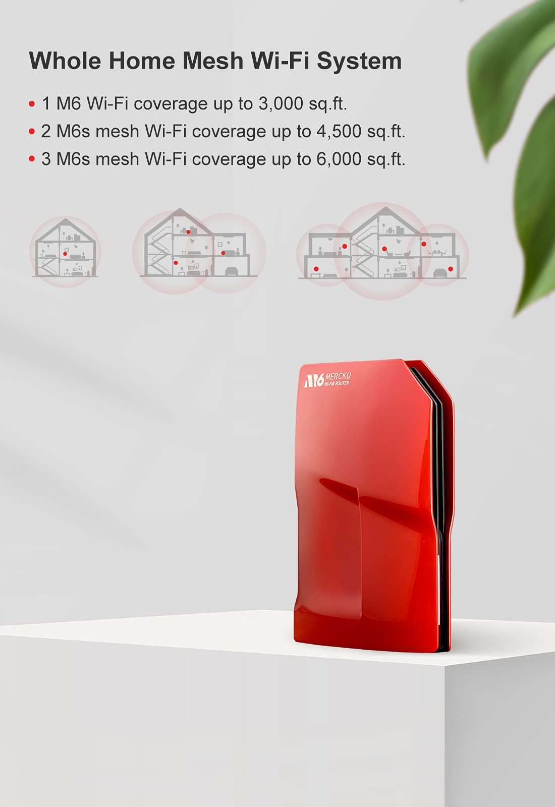 Mercku M6 Wi-Fi 6 Router for Wireless Internet Mesh Wi-Fi System 1 Pack up to 3,000 Sq.Ft. Can Add More Units to Form a Mesh Wi-Fi System, Dual-Band Gigabit Router, App Control, AX1800, Maroon Red