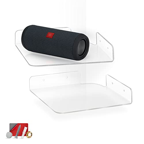 BRAINWAVZ 2-Pack 8” Corner Floating Shelf for Speakers, Books, Decor, Plants, Cameras, Photos, Kitchen, Bathroom, Routers & More Universal Small Holder Acrylic Wall Shelves (Clear)