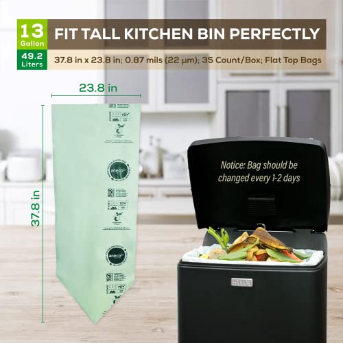ANECO 100% Compostable Trash Bags 13 Gallon, 35 Count, Extra Thick Kitchen Compost Bags, Large Compostable Bags for Tall Kitchen Bin (Pack of 1)