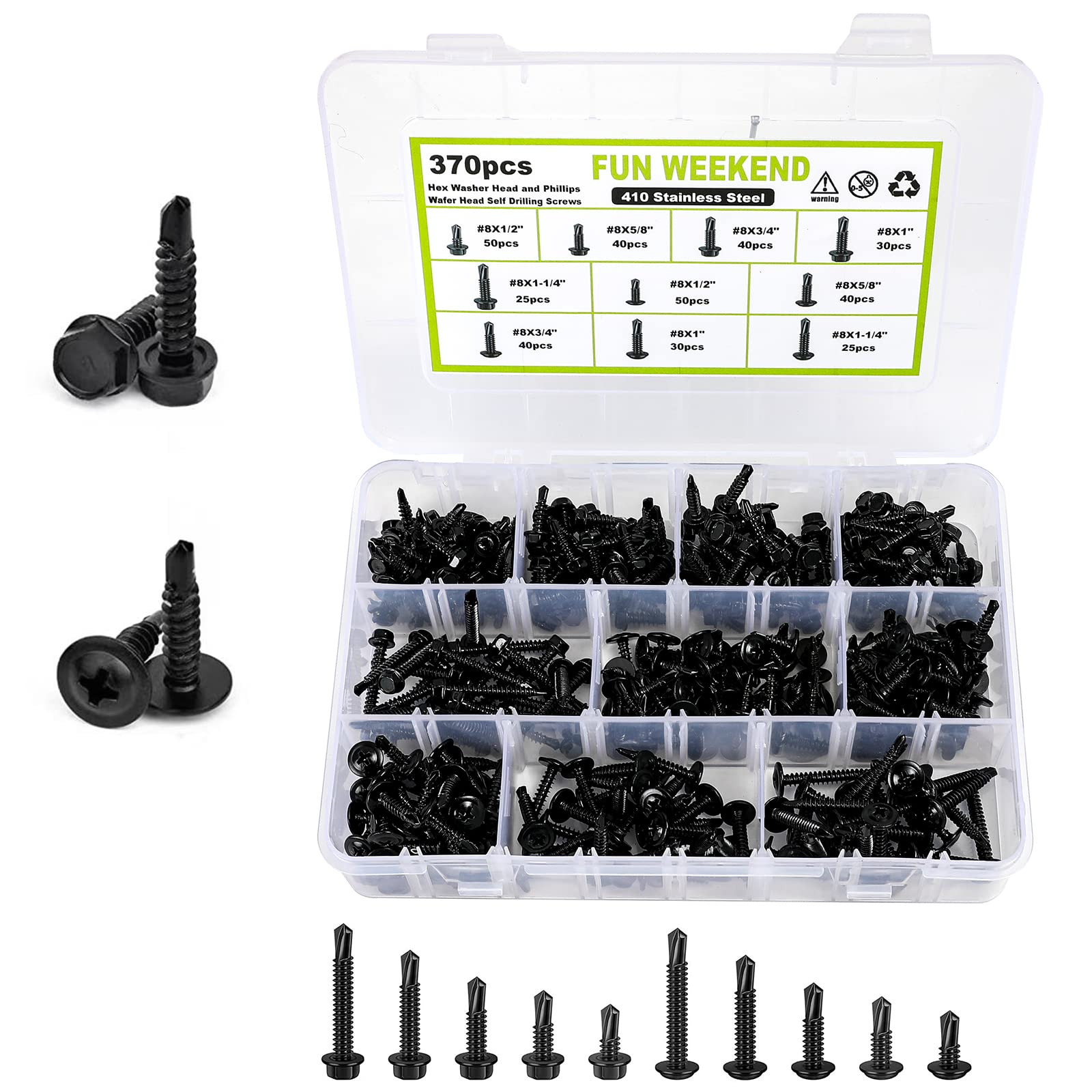 370pcs Self Tapping Screws, 8# Self Drilling Screw, Hex Washer & Modified Truss Head Self Tapper, 410 Stainless Steel Self Screws for Sheet Metal & Building Material, 1/2'' to 1-1/4'', Black Oxide