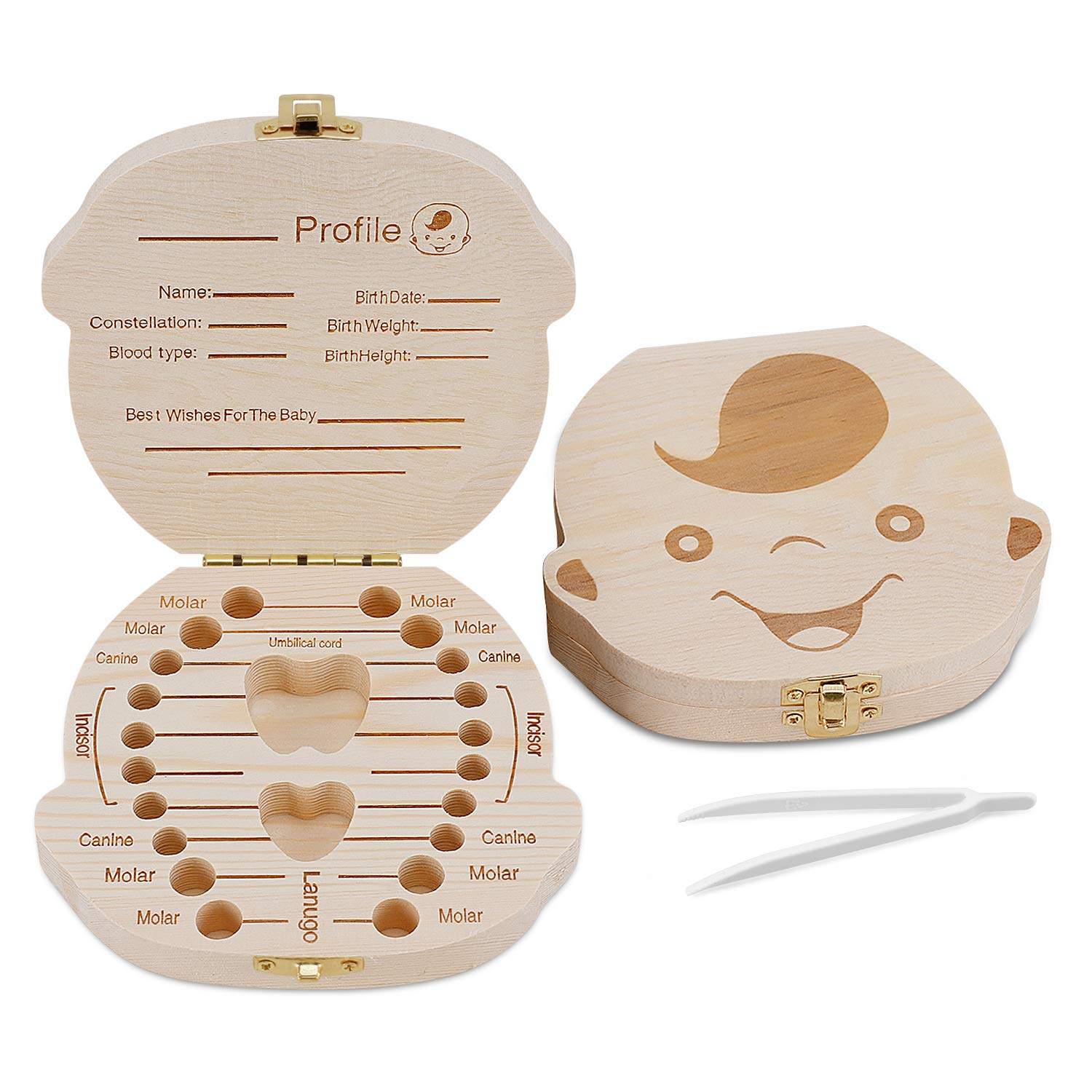 Baby Tooth Box by NASHRIO - Wooden Kids Keepsake Organizer Gift for Baby Teeth, Cute Children Tooth Container with Tweezers to Keep the Childwood Memory (Boy)