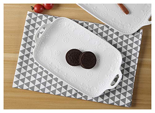 AMDSS Dinner Plate 2pcs Set,10+12inch, White Embossed Porcelain Square Tray with Handle, Ceramic Buffet Tray, Chafing Dish, Display Plate