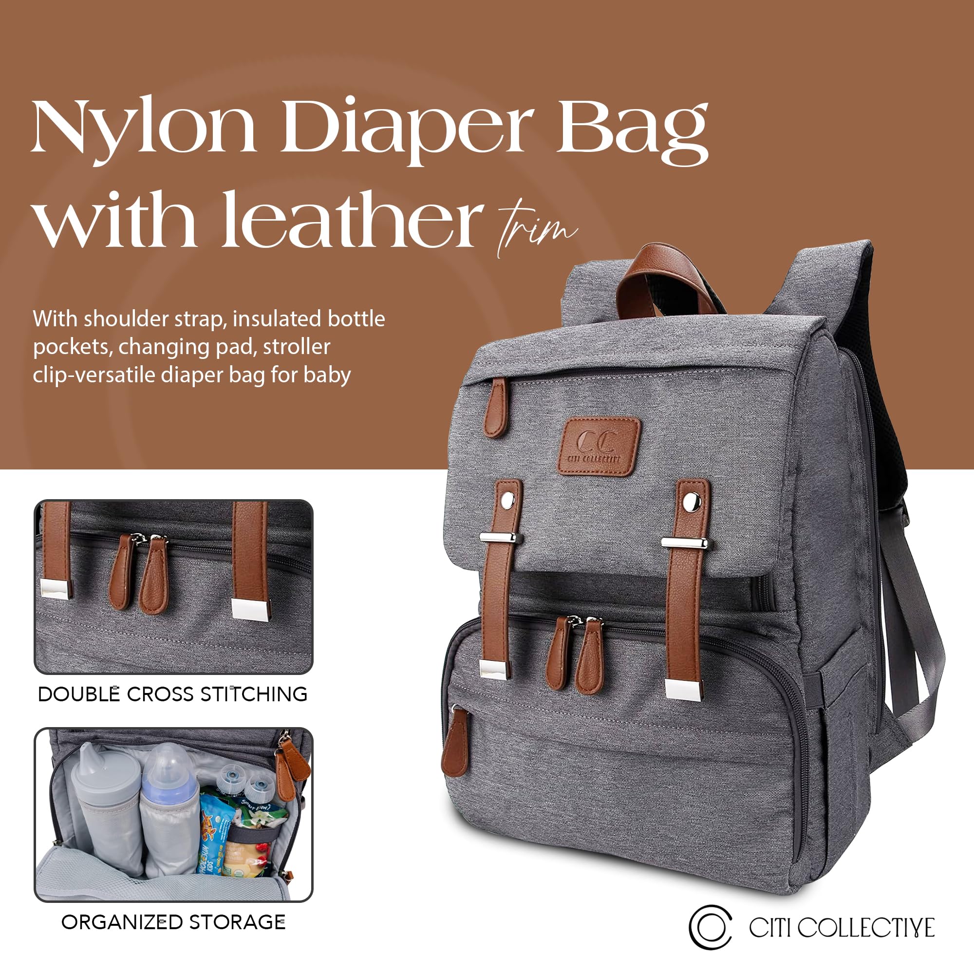 Citi Collective Nomad Grey Diaper Bag Backpack -Premium Vegan Leather- Compact Spacious Design With Insulated Pockets and Stroller Clips