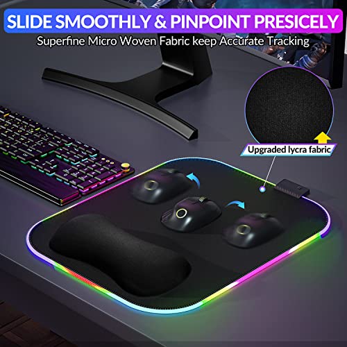 Gimars RGB Mouse Pad with Wrist Rest Support,12 x 10 inch Extra Large Ergonomic Gaming Mouse Pad with 11 LED Lighting Modes,Non-Slip Rubber Base,Lycra Fabric for Laptop, Computer, PC Gaming