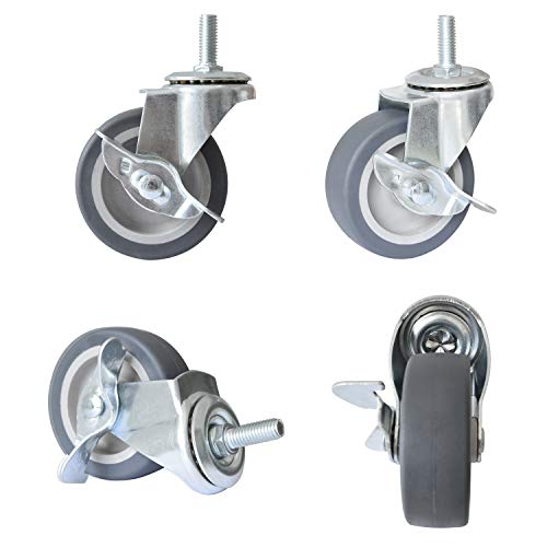 AAGUT 3 Inch Caster Wheels with Locking Brakes, Rubber Heavy Duty M10 x 1.5" Threaded Stem Industrial Castors Replacement for Workbench,Carts,Furniture,Dolly,Trolley,Set of 4