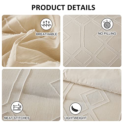 Dobuyly Cream Tufted Comforter Set Queen, 7 Pieces Bed in a Bag Boho Cream Beige Comforter Embroidery Shabby Chic Farmhouse Bedding Set, Soft Breathable Cation Microfiber Comforter Set