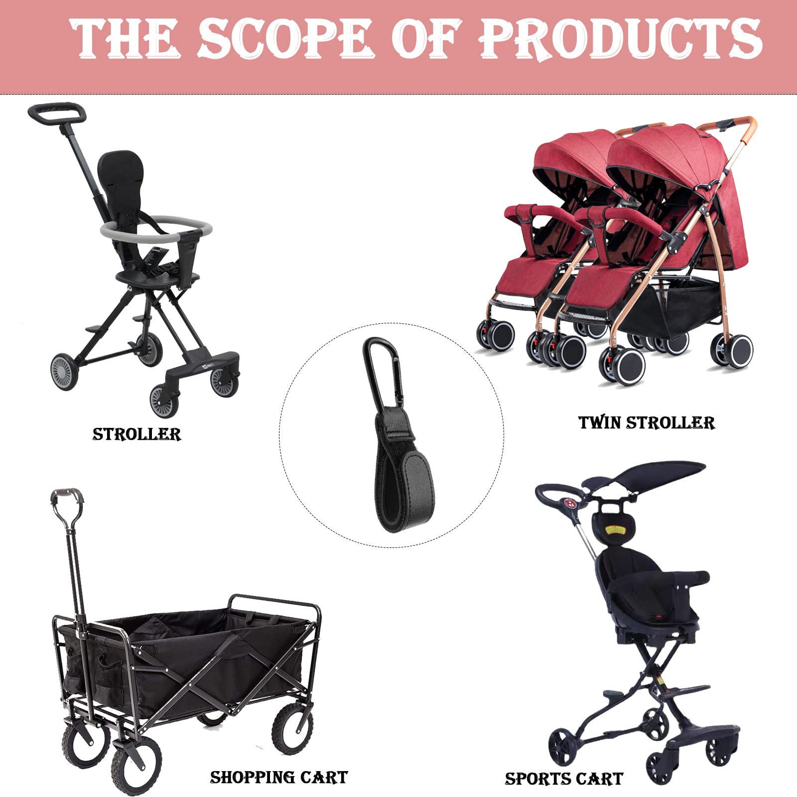 2pcs Baby Stroller Hooks Leather Heavy Duty Stroller Hook Multipurpose Hooks for Hanging Grocery Shopping, Bags Purse, Diaper Bags (Black)