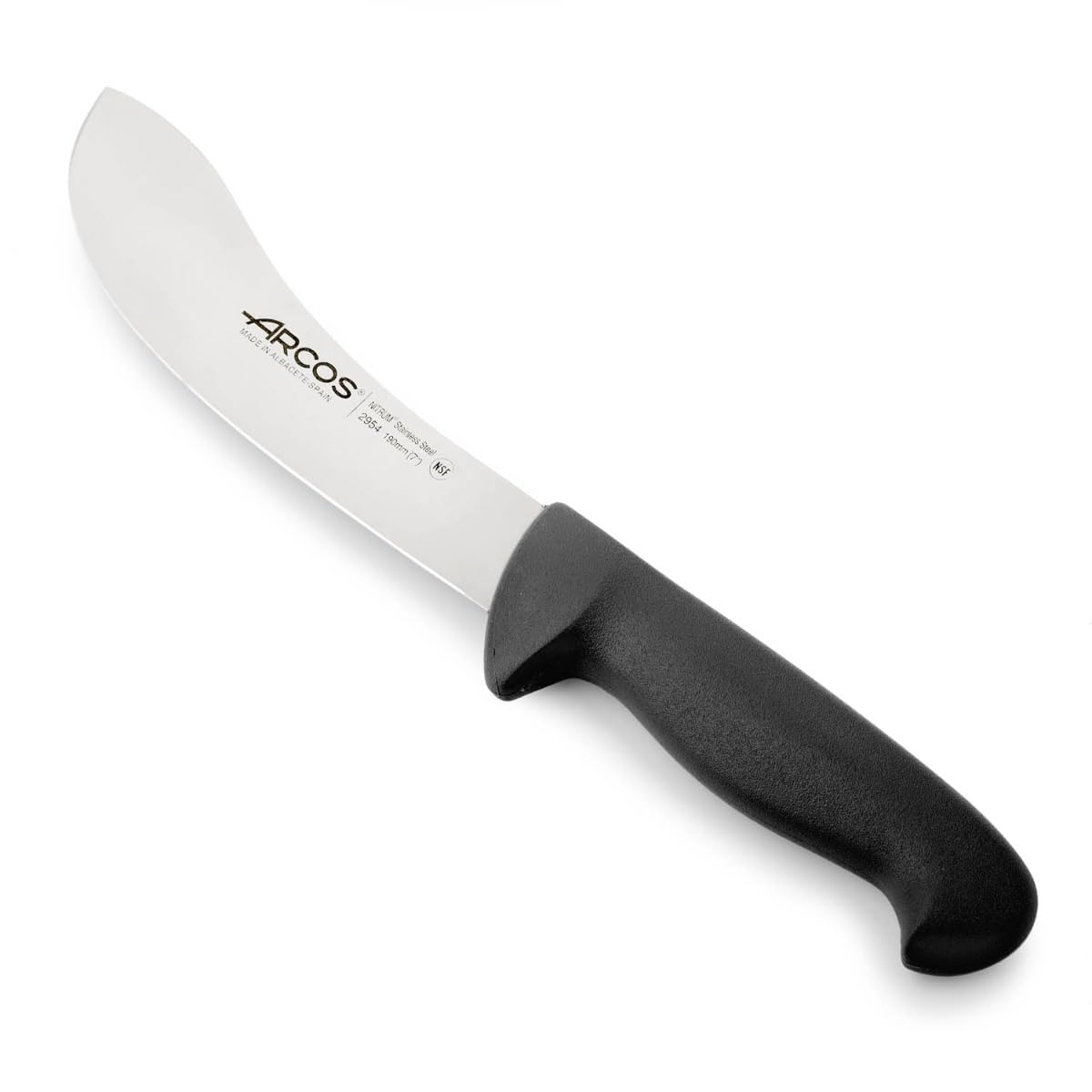 ARCOS Skinning Knife 7 Inch Nitrum Stainless Steel and 190 mm blade. Ergonomic Polypropylene Handle. Series 2900. Features different handle colors to make it easier for each food group. Color Black.
