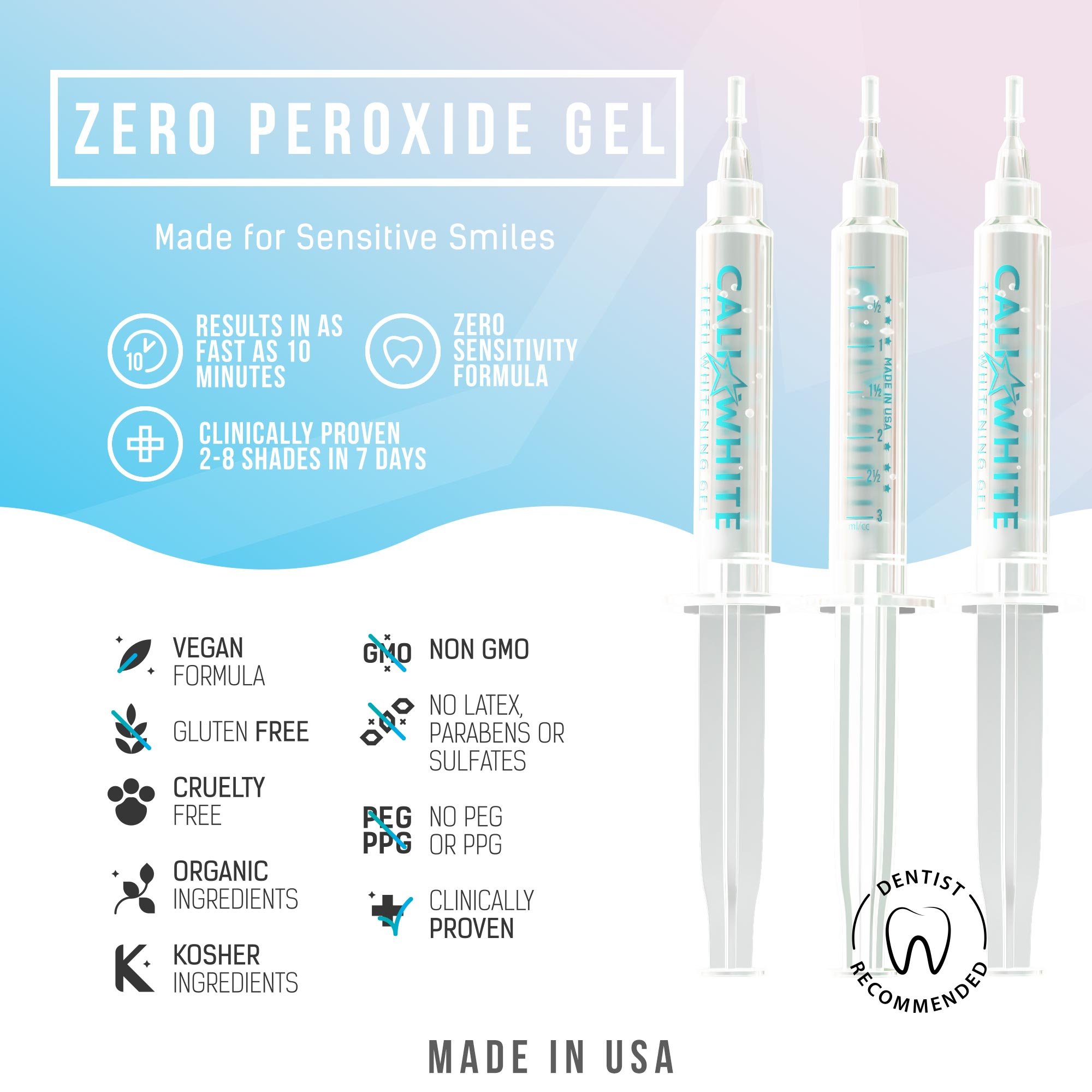 Cali White Natural Teeth Whitening Gel Refills, Zero Peroxide, Botanical Formula, Vegan, Organic Whitener for Sensitive Smile, Gels Made in USA, 3X 5mL Syringes, Use with UV or LED Light & Trays