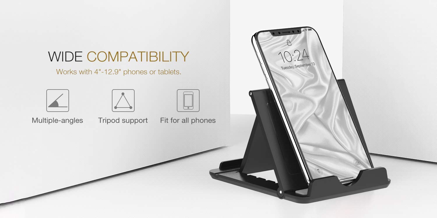 MoKo Phone/Tablet Stand, Foldable Desktop Holder Fit with iPhone 16/Pro/Pro Max/Plus, iPhone 15/Pro/Pro Max/Plus, iPhone 14/Pro/Pro Max/Plus, iPhone 13/Pro/Pro Max/Plus, Steam Deck, Black (Large)