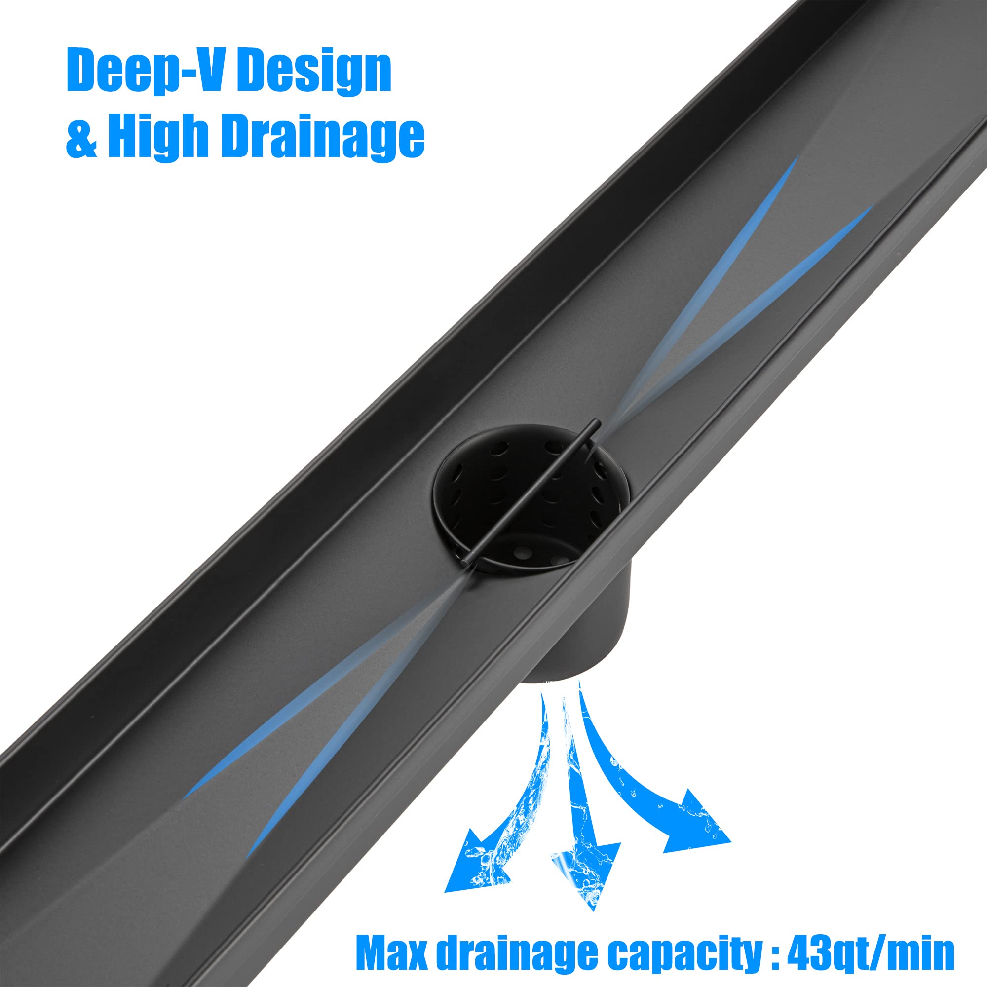24 inch Linear Shower Drain with Removable Square Hole Panel by Using 304 Stainless Steel Process, Linear Drain Equipped with Adjustable Feet and Hair Strainer(Matte Black Color)