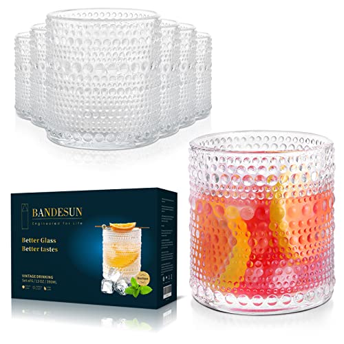 Bandesun Romantic Water Glasses, 12 oz Hobnail Drinking Glasses Set 6, Embossed Vintage Glassware Set for Beer, Cocktail, Soda, Beverage clear
