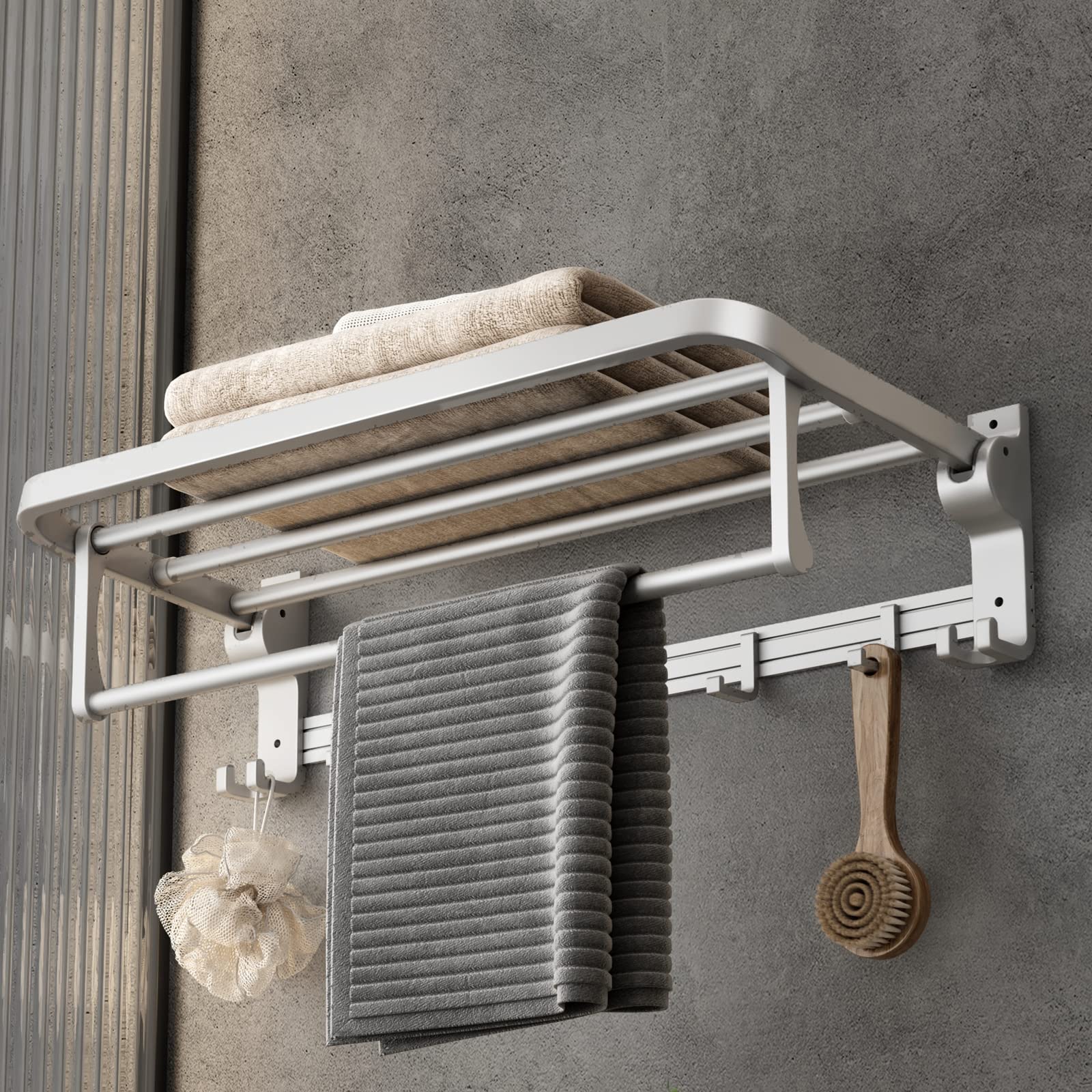 24 Inch Towel Rack with Towel Bar Holder Foldable Towel Shelf with Movable Hooks Rustproof Towel Storage Wall Mount for Bathroom Lavatory Silver