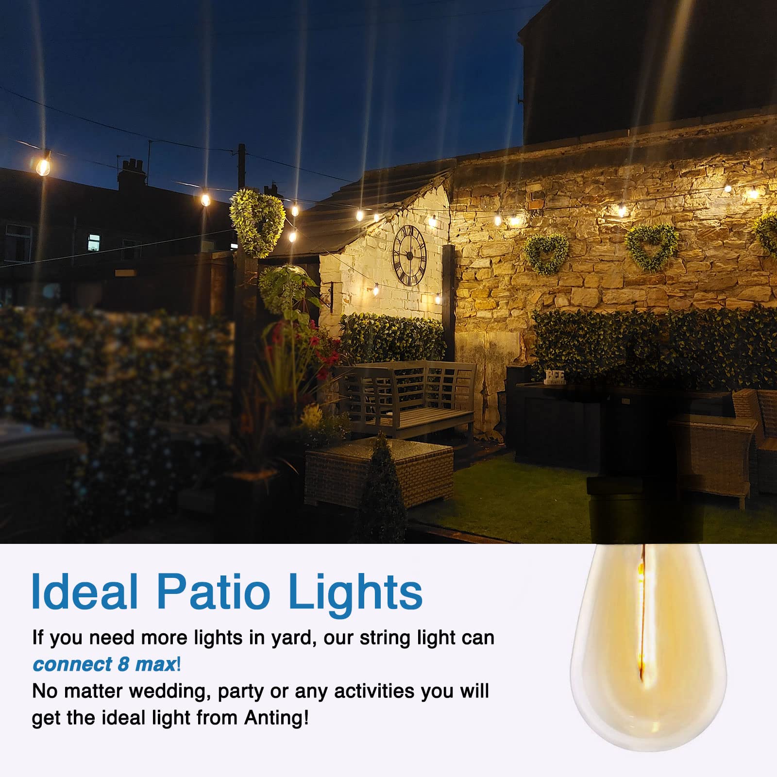 ANTING 120FT Outdoor String Lights with 38+2 Shatterproof Plastic Bulbs,38×E26 Sockets,Patio Lights LED Commercial Grade Weatherproof String Lights for Patio Garden Porch Backyard,2700K Warm White