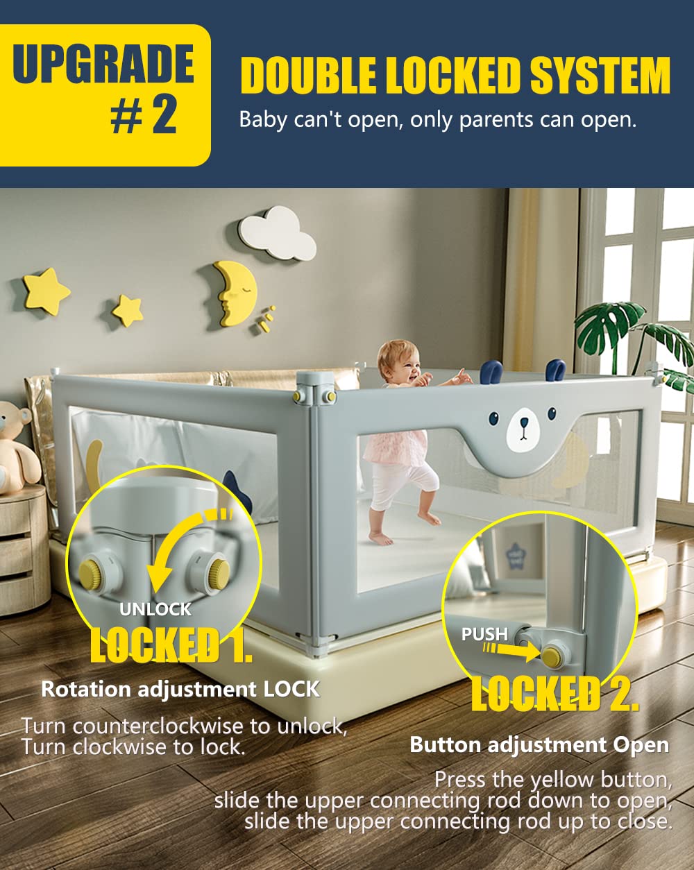 Holike Bed Rails for Toddlers - 60 inch 70 inch 80 inch Extra Long Baby Bed Rail Guard (3 Sides: Perfect for California King Bed,Include 3 Sides)