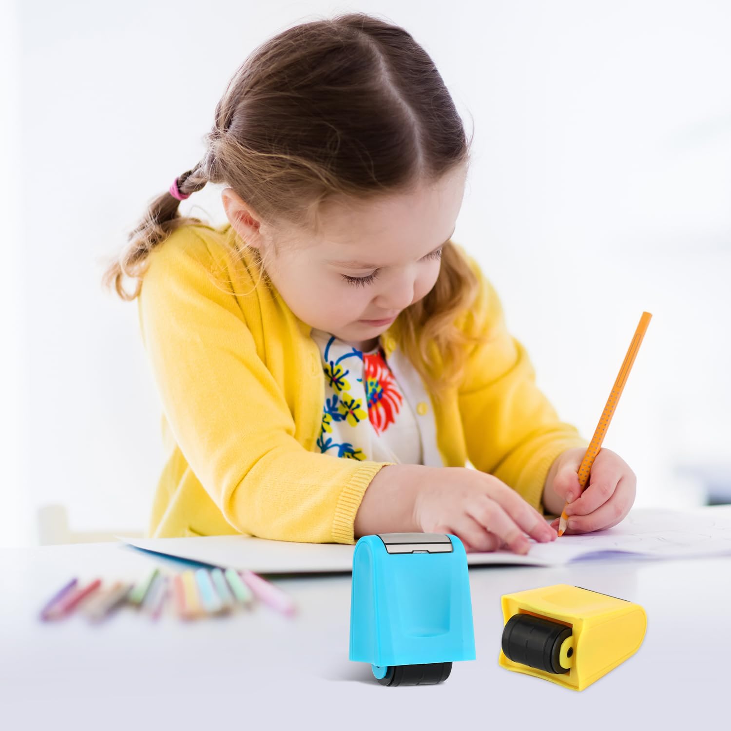2pcs Dashed Handwriting Lines Practice Roller Stamps Self Inking Dotted Line Rolling Stamp Teacher Stamps for Students Kids Classroom Office Home Handwriting Practice (Yellow, Blue)