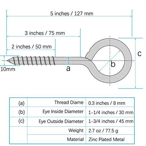 EUCARLOS 5” Screw Eyes, 4 Pack Metal Eye Hooks Lag Thread Eye Bolt, Hammock Hooks Heavy Duty for Tie-Downs, Lifting and Securing Cables Wires