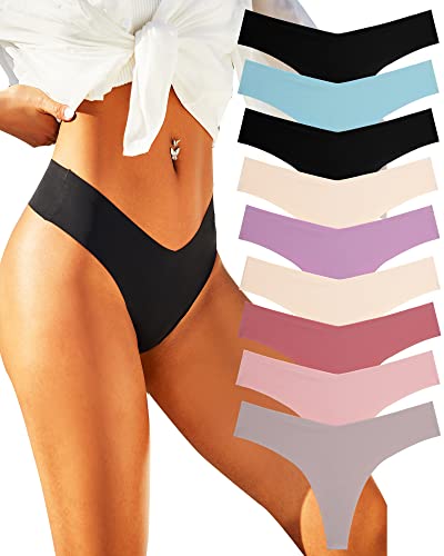 ALL OF ME Seamless Thongs for Women No Show Panties V-waisted Stretch Breathable Sexy Thong Underwear 9 Pack XS-L