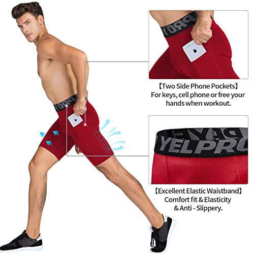 3 Pack Compression Shorts for Men Red Spandex Running Workout Athletic Baselayer Underwear Fitness Shorts Pocket