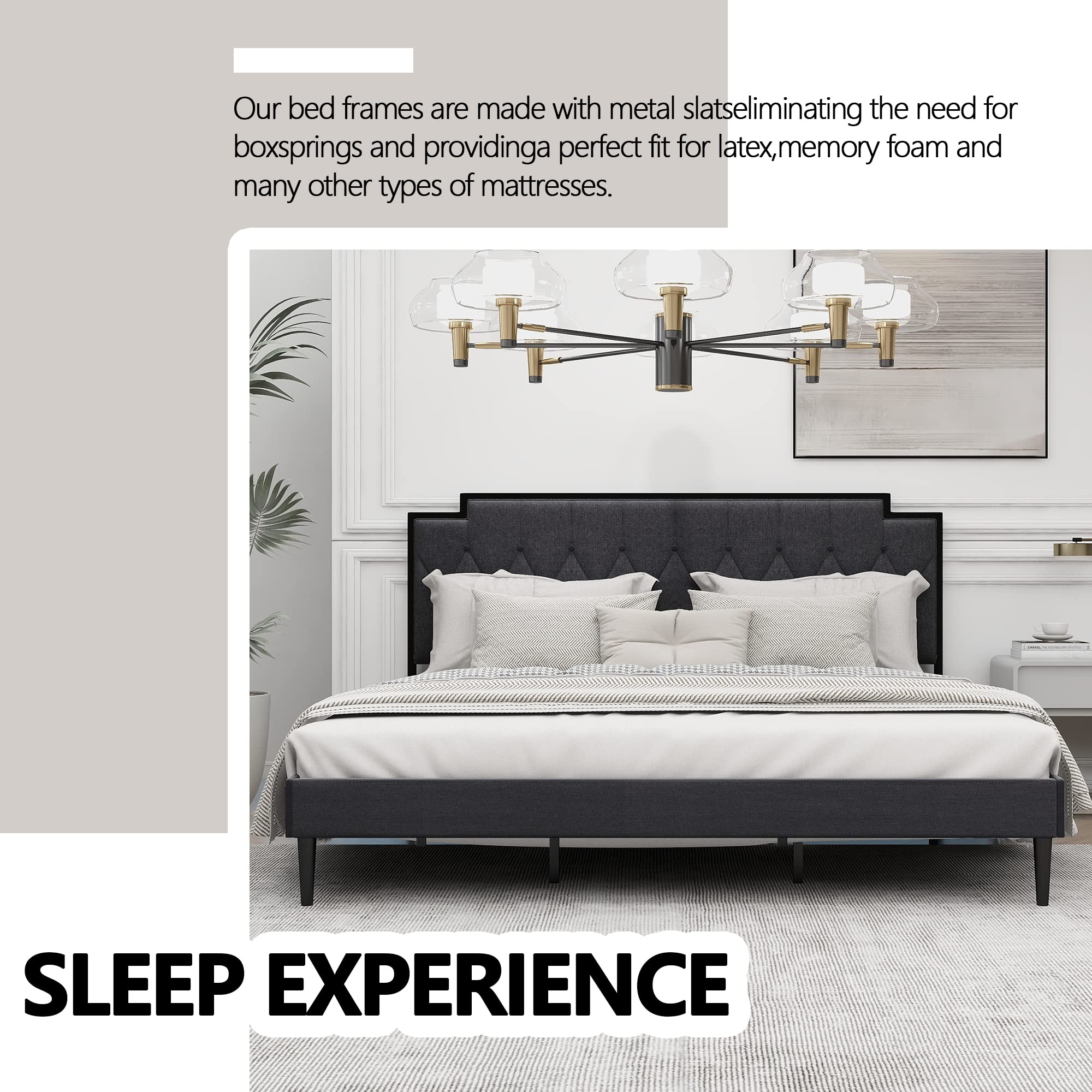 AGARTT Upholstered Platform Full Size Bed Frame with Headboard Premium Stable Wood Slat Support No Box Spring Required Black
