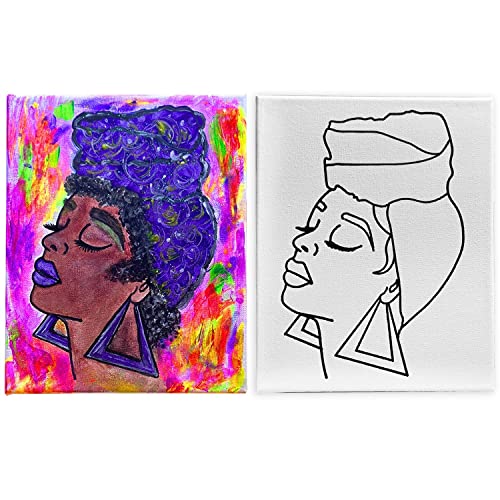 4 PACK 8x10 AFRO QUEEN PAINT PARTY SET 2 | Pre Drawn Stretched Canvas Kit | Birthday Gift | Adult Sip and BLM Party Favor | DIY Virtual Party 2 (8x10 Inches)