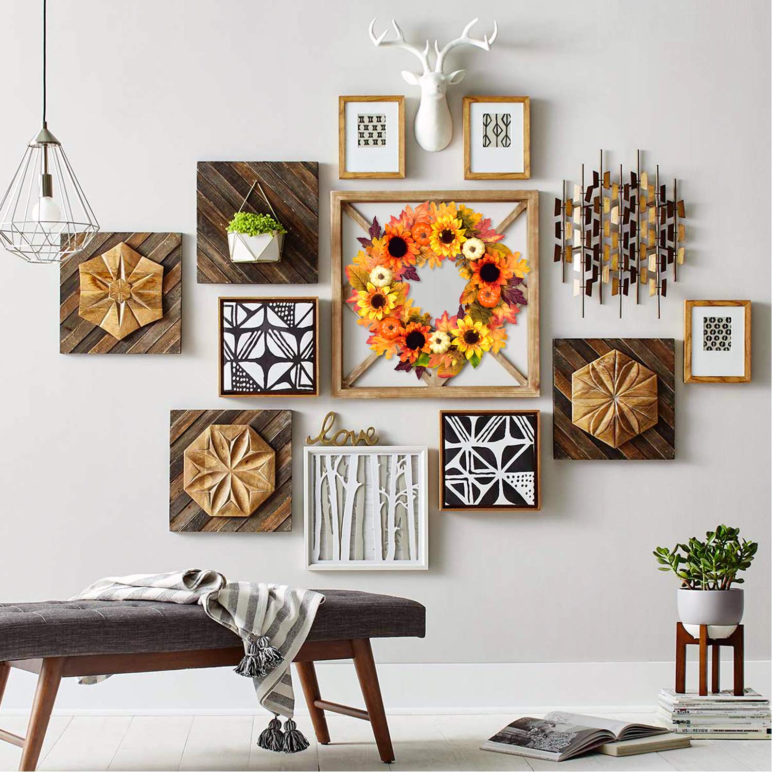 20Inch Artificial Sunflower Pumpkin and Maple Leaf Wreath for Halloween and Thanksgiving Home Indoor or Outdoor Arrangement Decoration