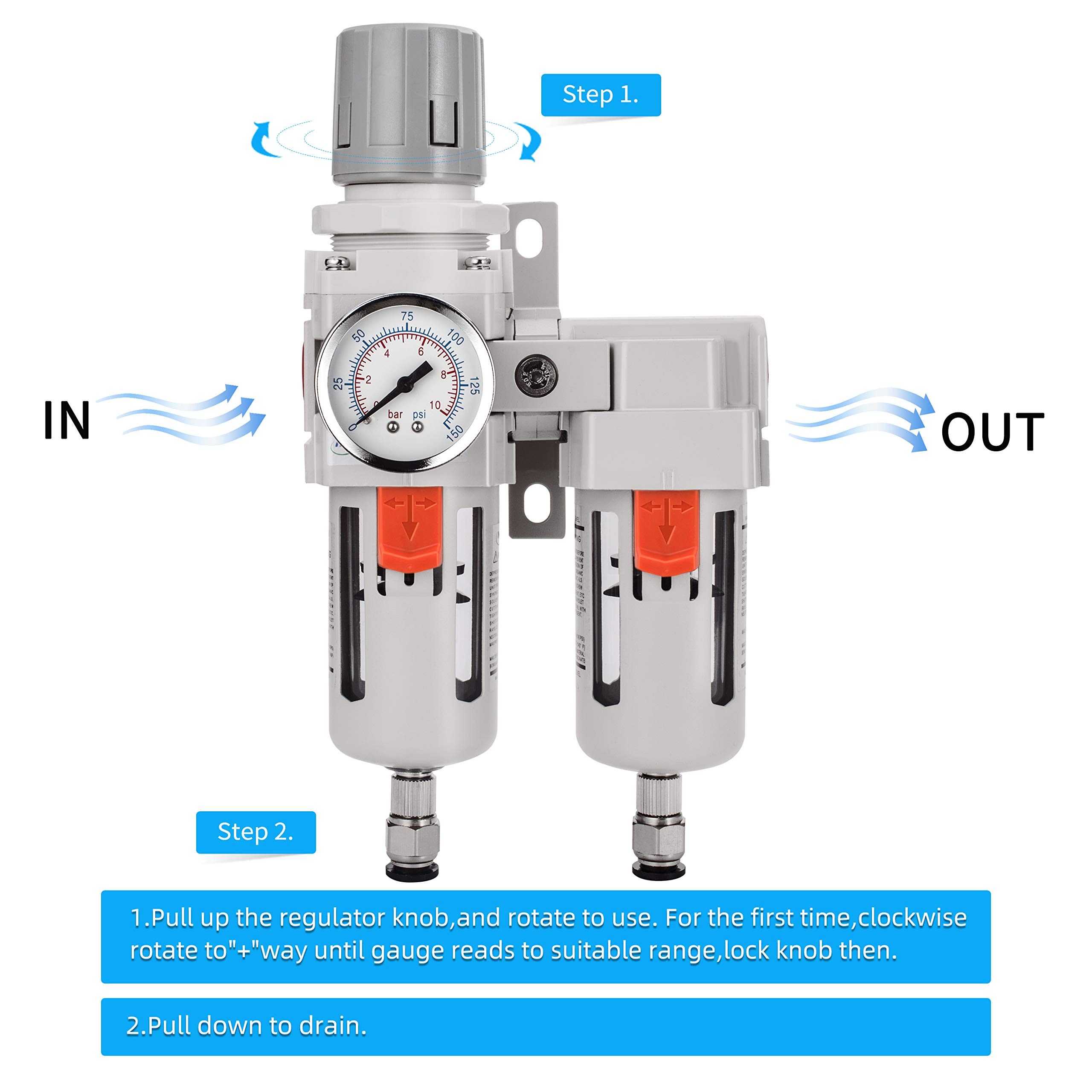 NANPU 1/2" NPT Air Dryer System - 5 Micron Particulate Filter, 0.5 Micron Coalescing Filter & Air Pressure Regulator, Water Trap Separator - Semi-Auto Drain,0-150 psi Gauge, Poly Bowl, Metal Bracket