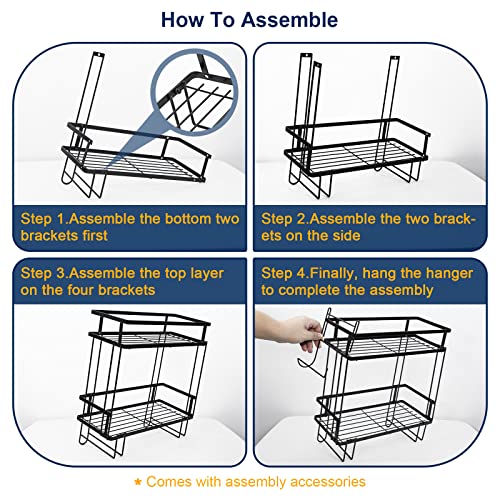 BEJICAN Over Toilet Storage Shelf Bathroom Organizer Free Standing Restroom Organizers with Adhesive Base and Hooks,Anti-Tilt No Drilling Wall Mounting Rack,Space Saver(Black, 2-Tier)