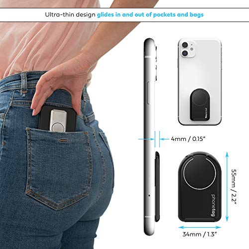 phonetag - Mobile Cell Phone Kickstand & Ring Holder, Stand Your Phone In Portrait & Landscape With The Finger Ring Grip Holder, Use On Magnetic Car Mounts, Compatible With Most Smartphones, Black