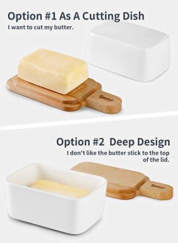 Sweese 323.104 Butter Dish with Lid and Handle, Porcelain Butter Keeper and Extended Wooden Lid, Red