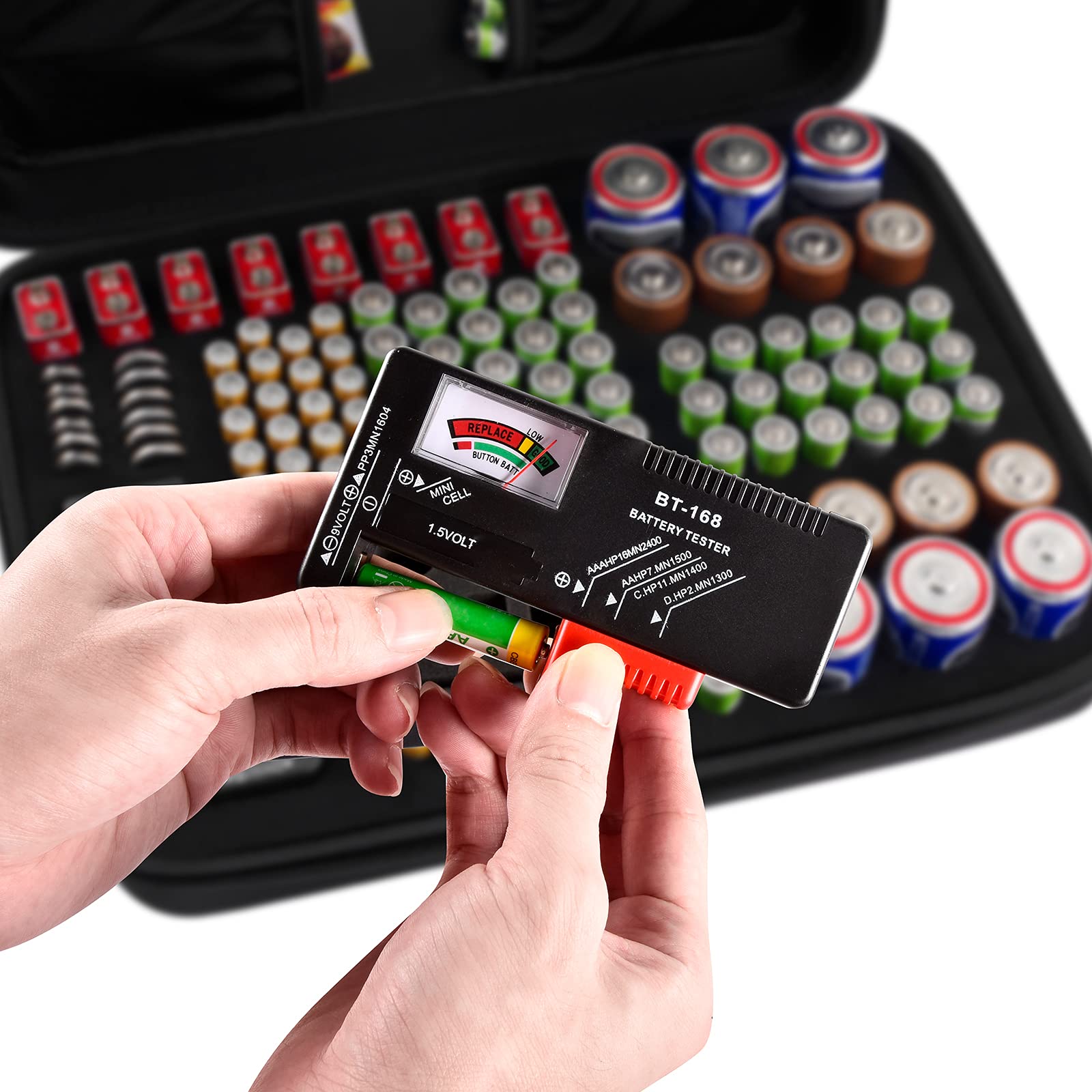 Comecase Hard Battery Organizer Storage Box, Carrying Case Bag Holder - Holds 148 Batteries AA AAA C D 9V - with Battery Tester BT-168 (Batteries are Not Included)