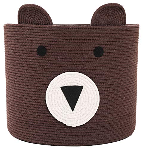 Bear Basket, Animal Basket, Large Cotton Rope Basket, Large Storage Basket, Woven Laundry Hamper, Toy Storage Bin, for Kids Toys Clothes in Bedroom, Baby Nursery, Dark Brown 18"x15"