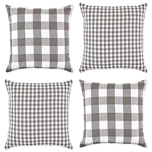 DII Decorative Square Throw Pillow Cover Collection Cotton, Machine Washable, Hidden Zipper, 18x18, Gray Gingham, 4 Piece