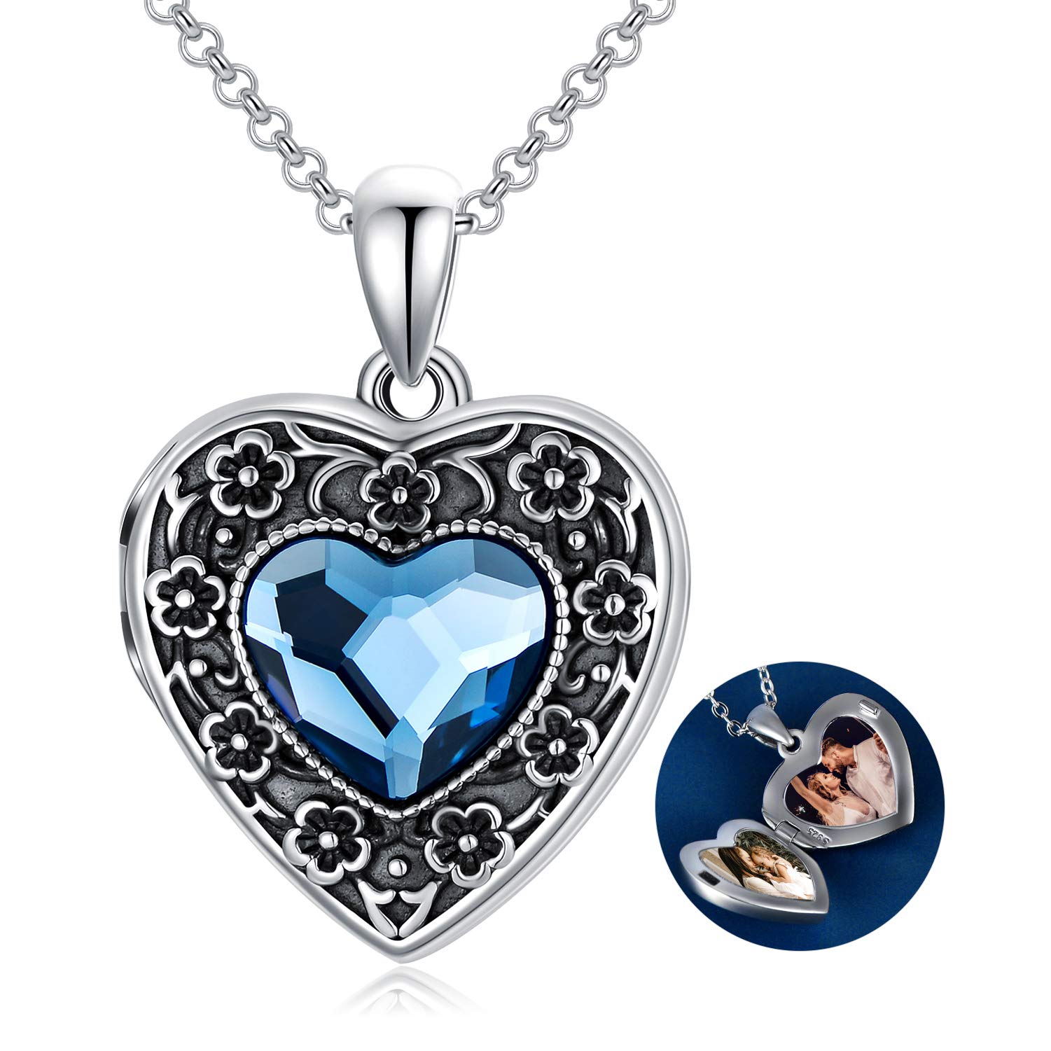AOBOCO Heart Locket Necklace That Holds Pictures Sterling Silver Cherry Blossom Flower Lockets Jewelry for Women - Always in My Heart