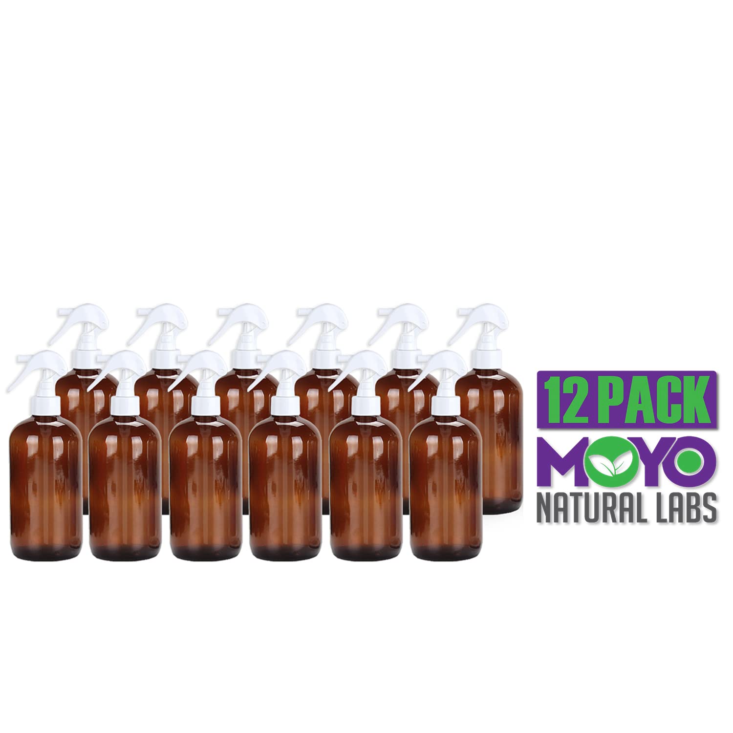 MoYo Natural Labs 8 oz Spray Bottles, Boston Round Trigger Sprayer Empty Travel Containers, BPA Free PET Plastic for Essential Oils and Liquids/Cosmetics (Pack of 12, Amber)