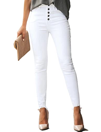 Allimy Women High Rise Stretch Jeans High Waist Ripped Distressed Ankle Skinny White Size 8