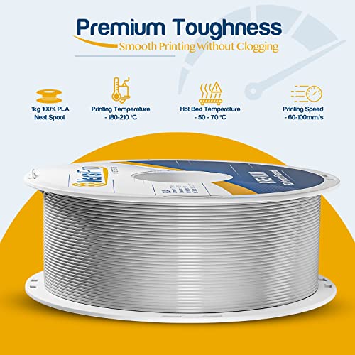 PLA 3D Printer Filament | Silver PLA Filament 1.75mm | 1KG Spool (2.2lbs) - Fits Most FDM Printers | Dimensional Accuracy +/- 0.03 mm | 3D Printing Filament 1.75 Will Not Warp, Clog or Break