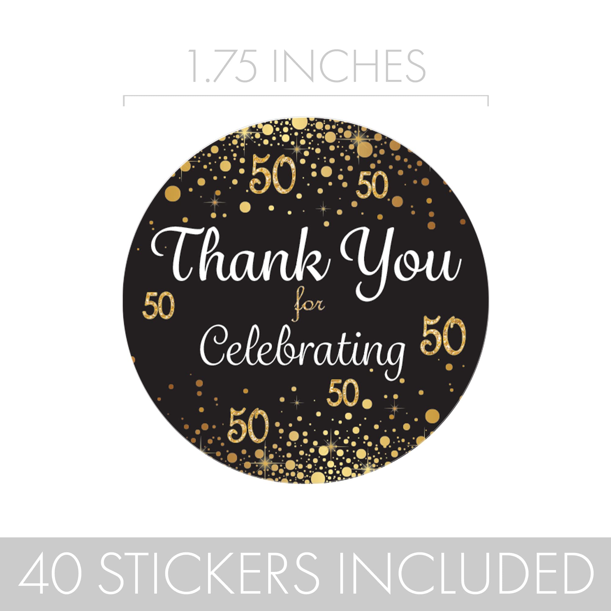 Black and Gold 50th Birthday Thank You Stickers - 1.75 in - 40 Labels