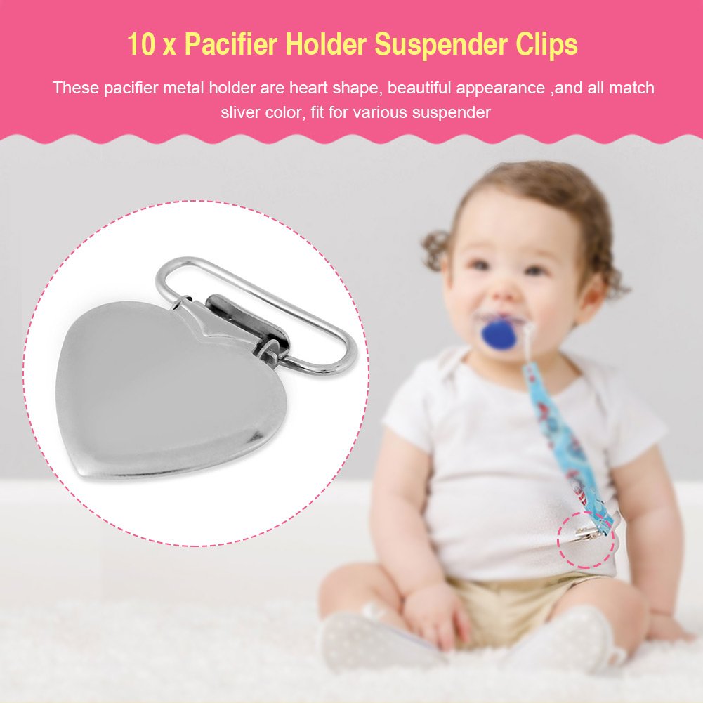 Pssopp Suspender Clips, 10Pcs Heart Suspender Clips Baby Teething Toys Silver Blankets Clips Heart Shaped Suspender Braces Clips Holder