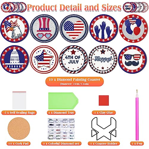 Billbotk 10 Pieces Independence Day Diamond Painting Coasters, Diamond Art Coasters with Holder, DIY Diamond Art Crafts Projects, Diamond Dots Kits for Adults and Beginners