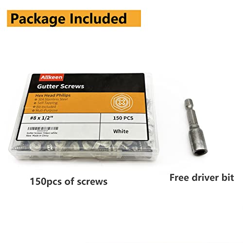 Allkeen Stainless White Painted Hex Head Self-Tapping Gutter Screws #8 x 1/2", 150 Pieces
