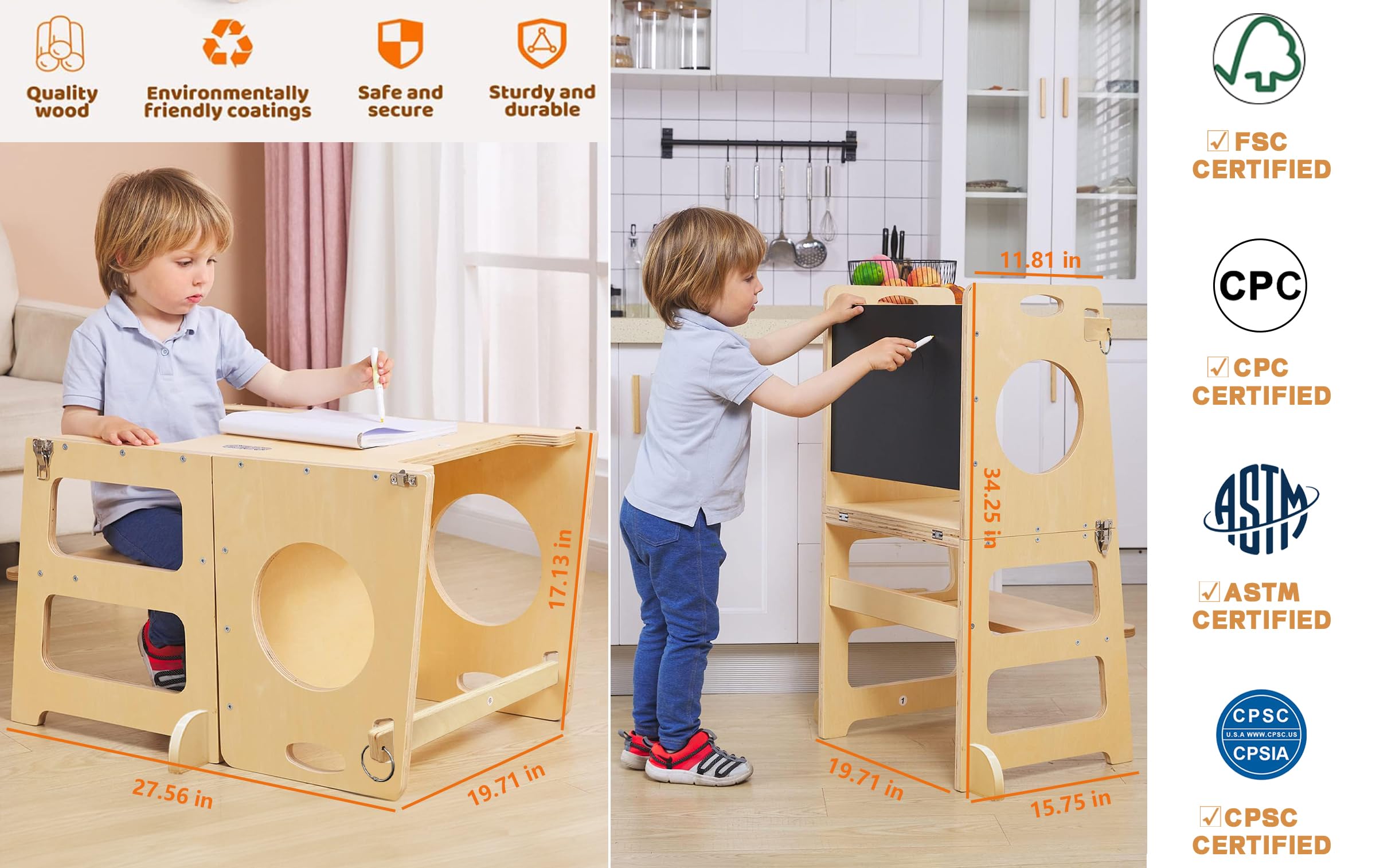 4-in-1 Foldable Kitchen Stool Helper with Safety Crossbar, Standing Toddlers Tower with Chalkboard for Learning, Montessori Folding Desk Table and Chair Set for Kids 1-6 Years